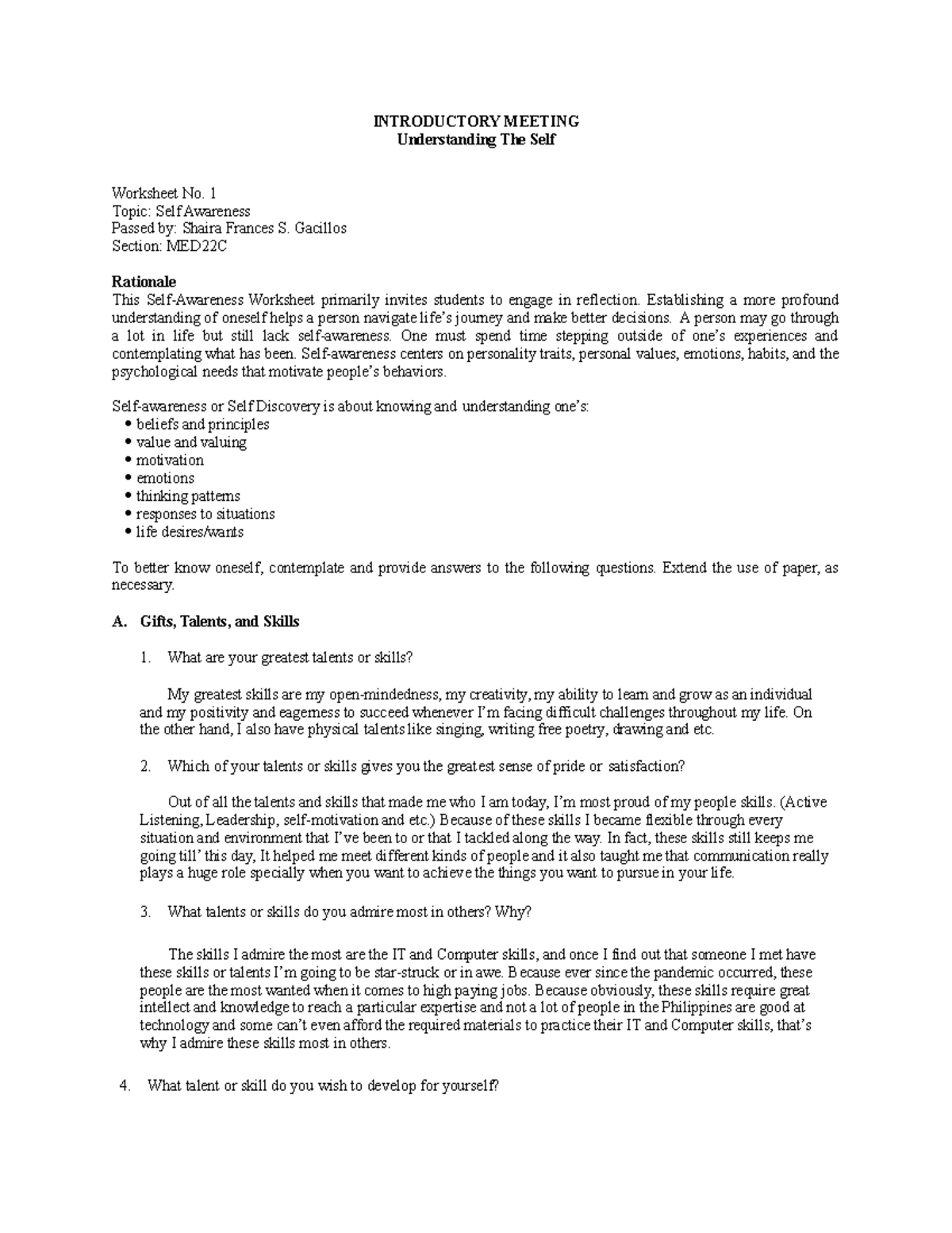 Introductory Assignment (Understanding the Self) - INTRODUCTORY MEETING ...