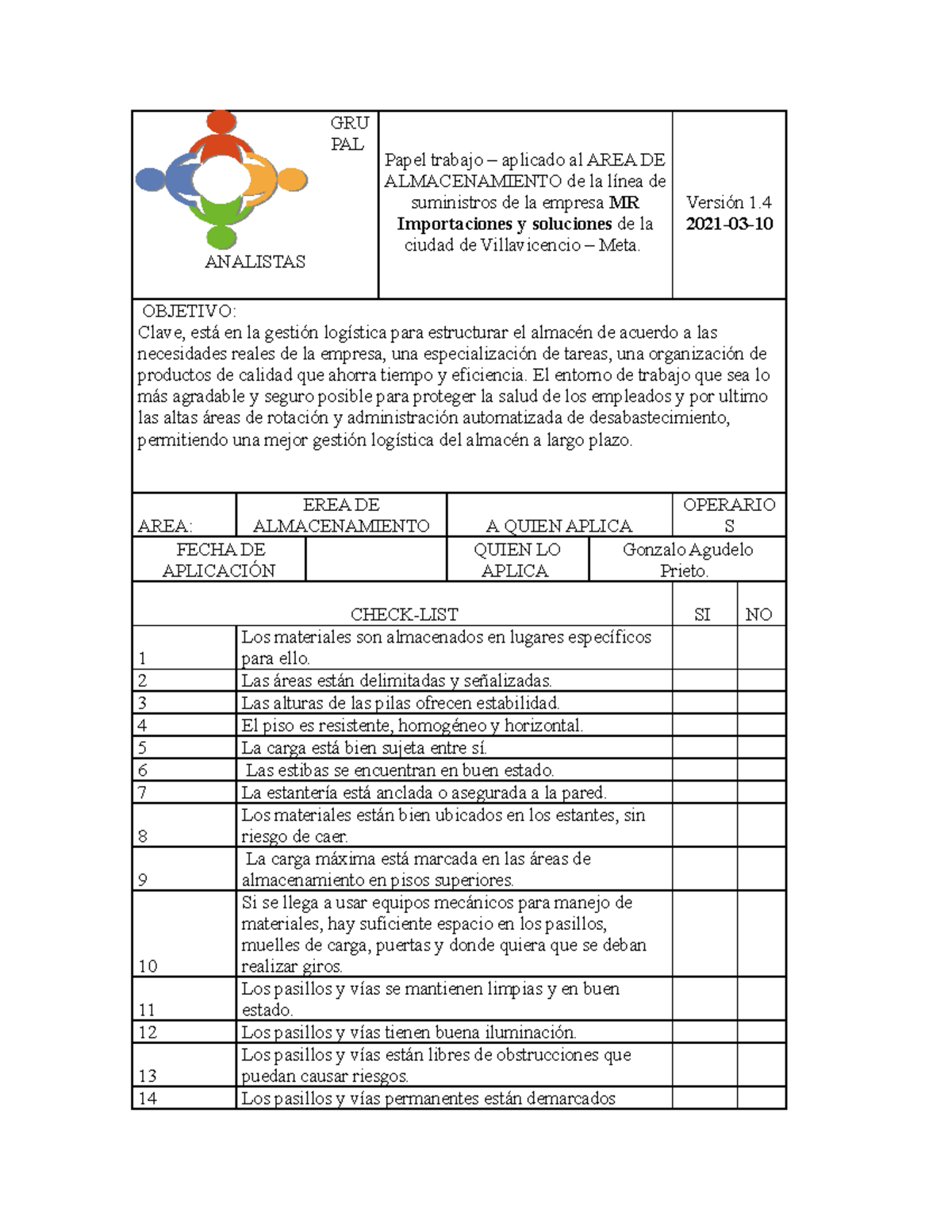 Check LIST DE Almacenamiento - GRU PAL ANALISTAS Papel trabajo ...