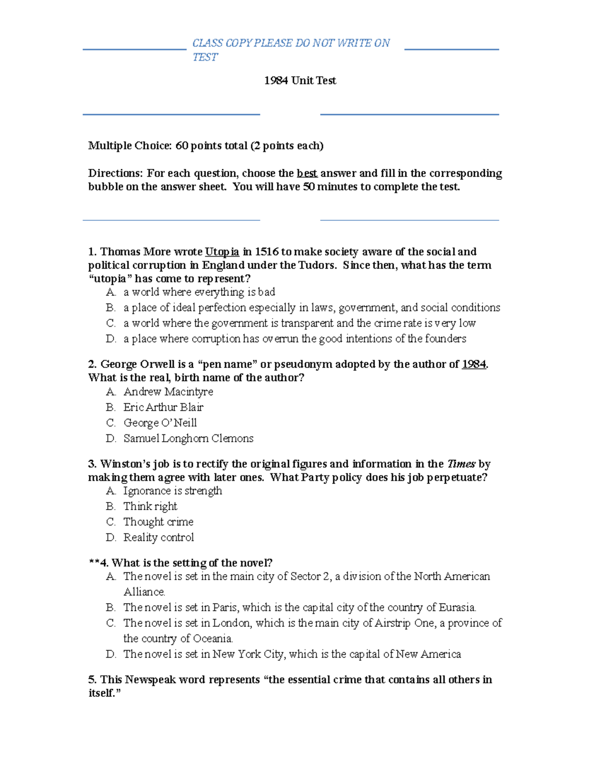 1984 Unit Test Practice - 1984 Unit Test Multiple Choice: 60 points ...