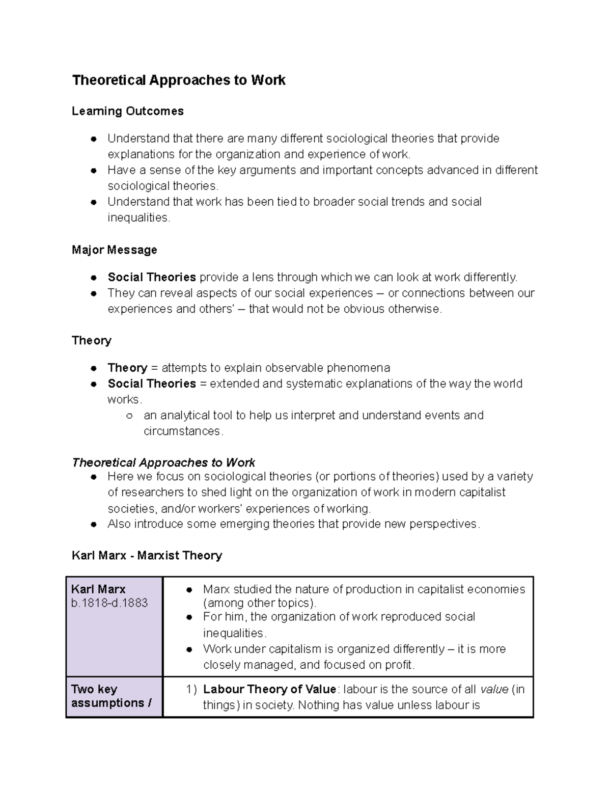 Week 2 - Theoretical Approaches to Work - Theoretical Approaches to ...