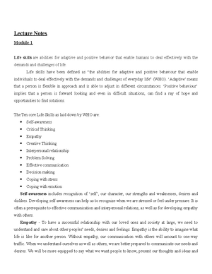Life Skills Notes - Module 1 Life Skills defined by WHO The World ...