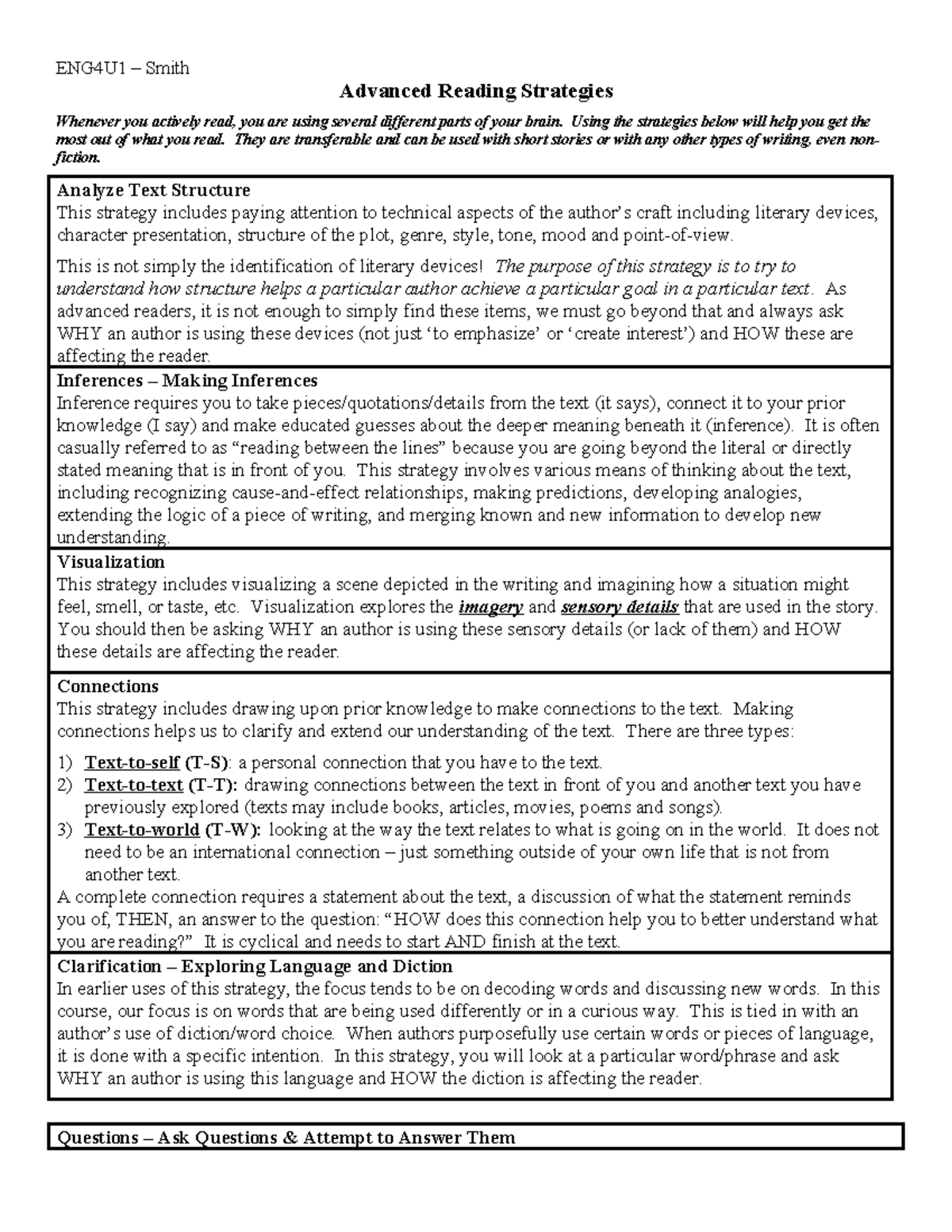 Reading Strategies - Main Handout - ENG4U - ENG4U1 – Smith Advanced ...