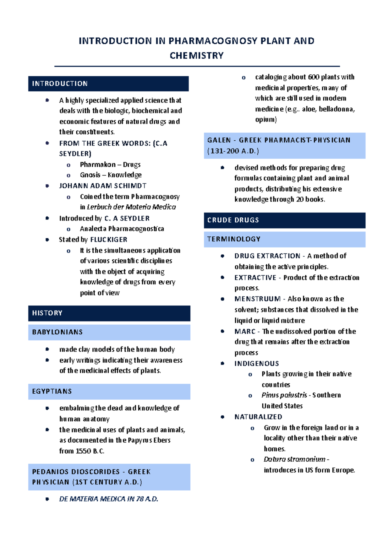 Pharmacognosy Notes - INTRODUCTION A highly specialized applied science ...