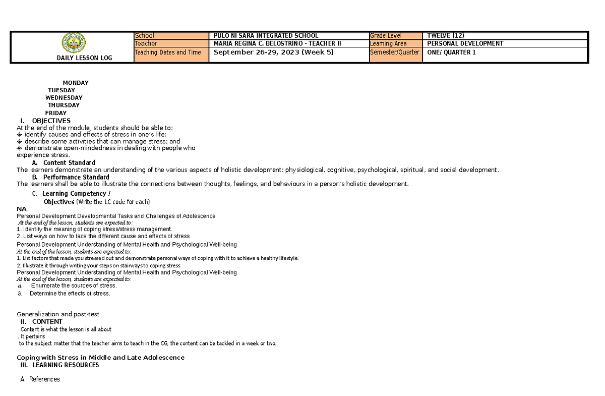 W5-PD-DLL - HOPE THAT YOU CAN USE IT. - DAILY LESSON LOG School PULO NI ...