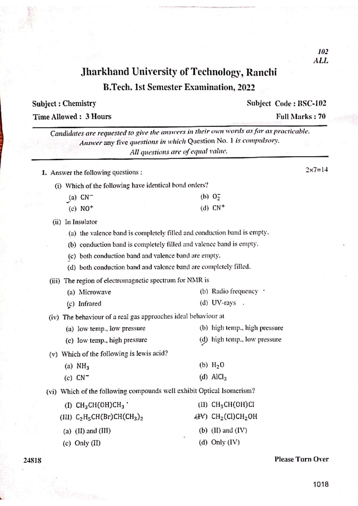 Chemistry 2022 - abc - 102 ALL Jharkhand University of Technology, Ranchi B. 1st Semester - Studocu
