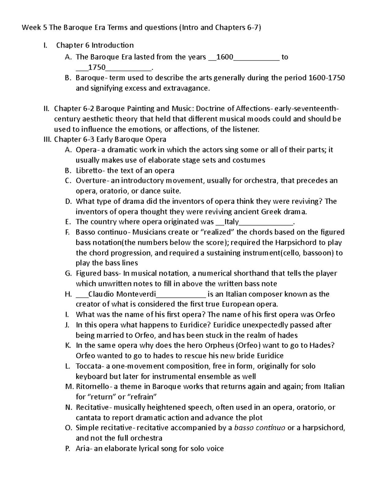 Week 5 The Baroque Era Chapters 6-7 Terms and Questions - Week 5 The ...