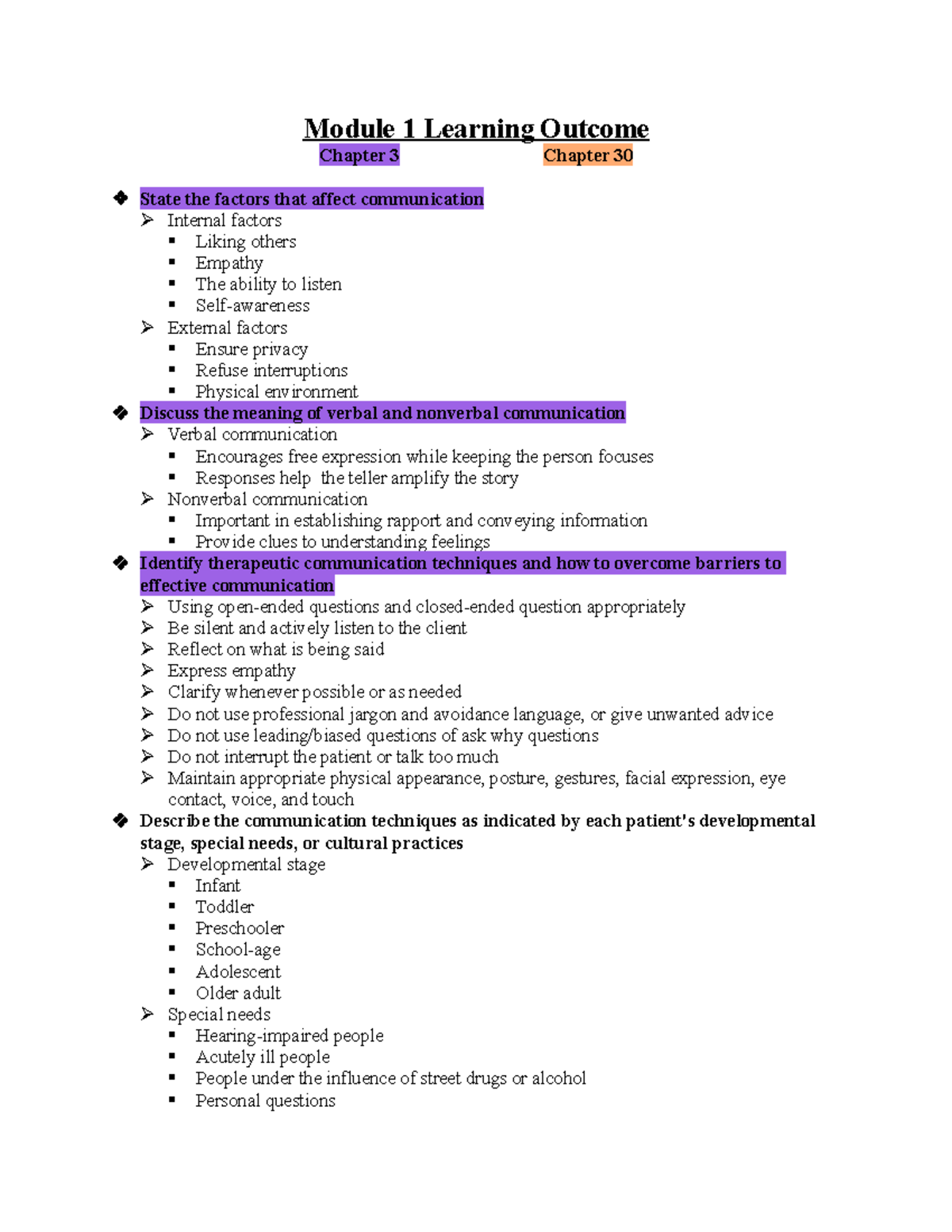 Module 1 Learning Outcomes - Module 1 Learning Outcome Chapter 3 Chapter 30 State the factors ...
