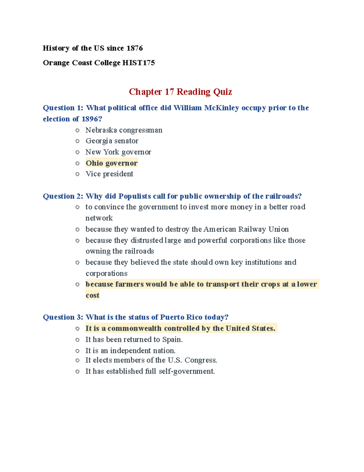 Chapter 17 Reading Quiz - History of the US since 1876 Orange Coast ...
