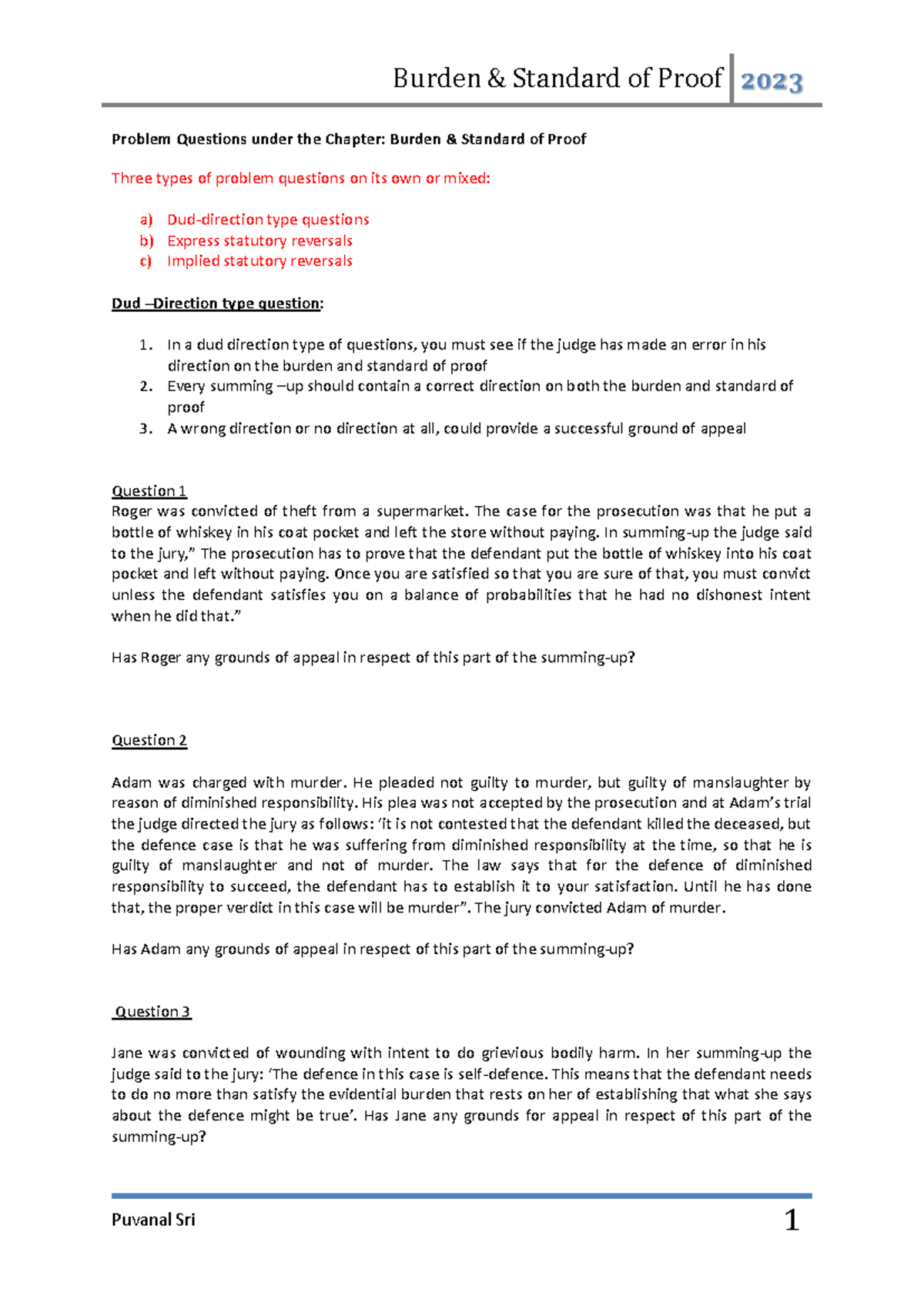 Burden Of Proof - Tutorial 1 - Burden & Standard of Proof 2023 Puvanal ...