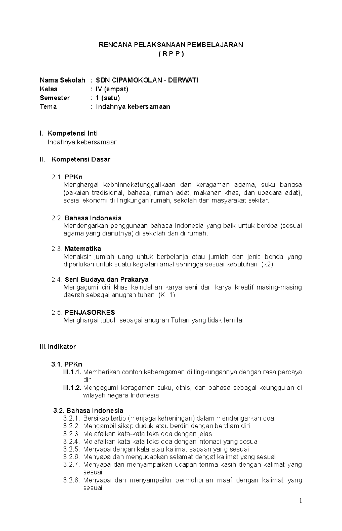 RPP kelas 4 2013 - rpp - RENCANA PELAKSANAAN PEMBELAJARAN ( R P P ...