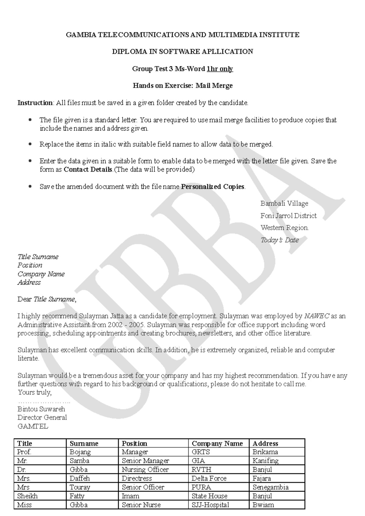 Group Test 3 DSA MS WORD G TEST 3 - GAMBIA TELECOMMUNICATIONS AND ...