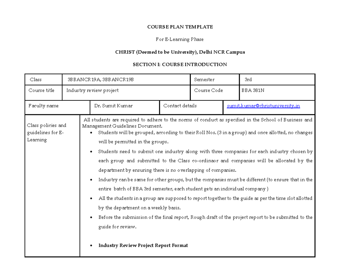 Course Plan-BBA381 N - COURSE PLAN TEMPLATE For E-Learning Phase CHRIST ...