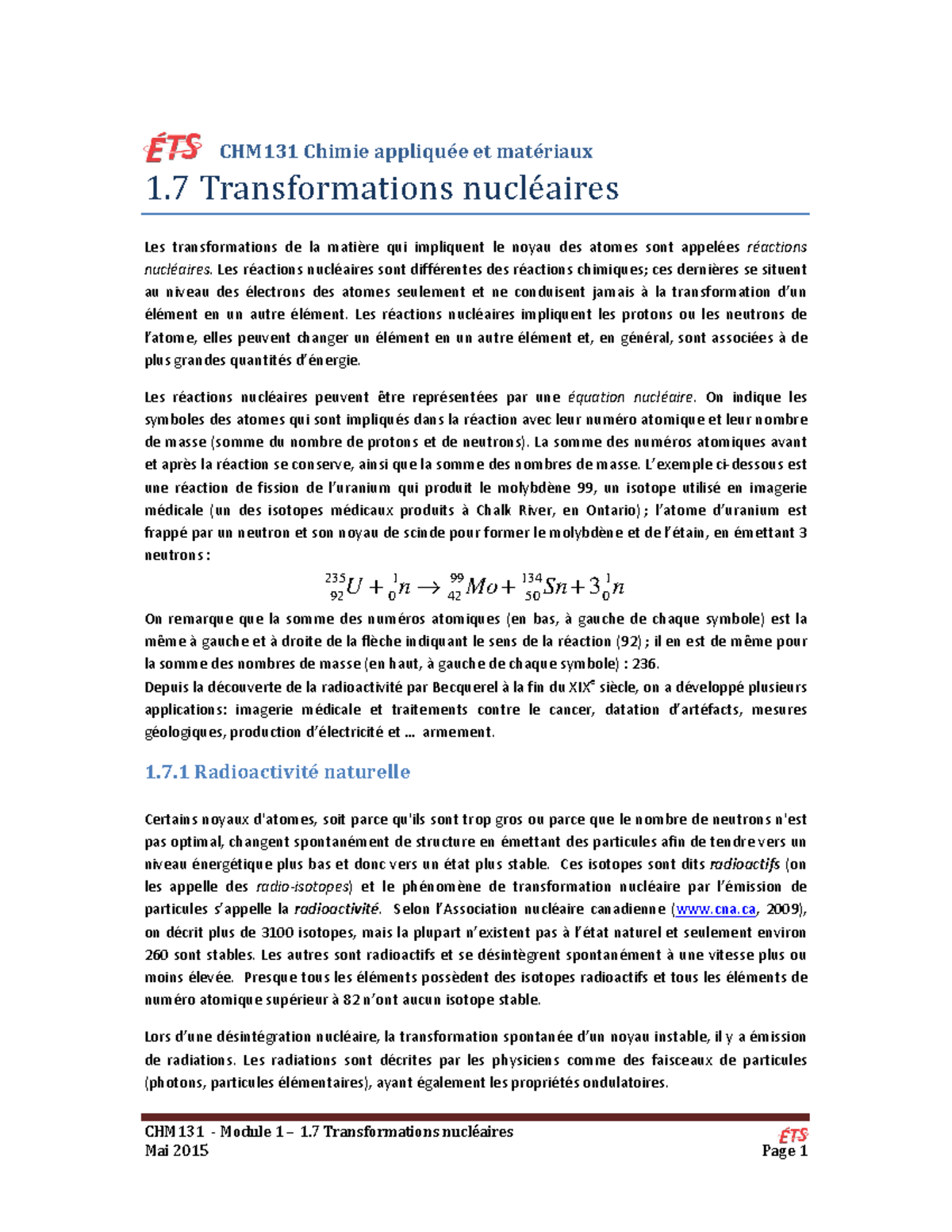 1-7 Transformations nucléaires - CHM131 Chimie appliquée et matériaux 1 ...