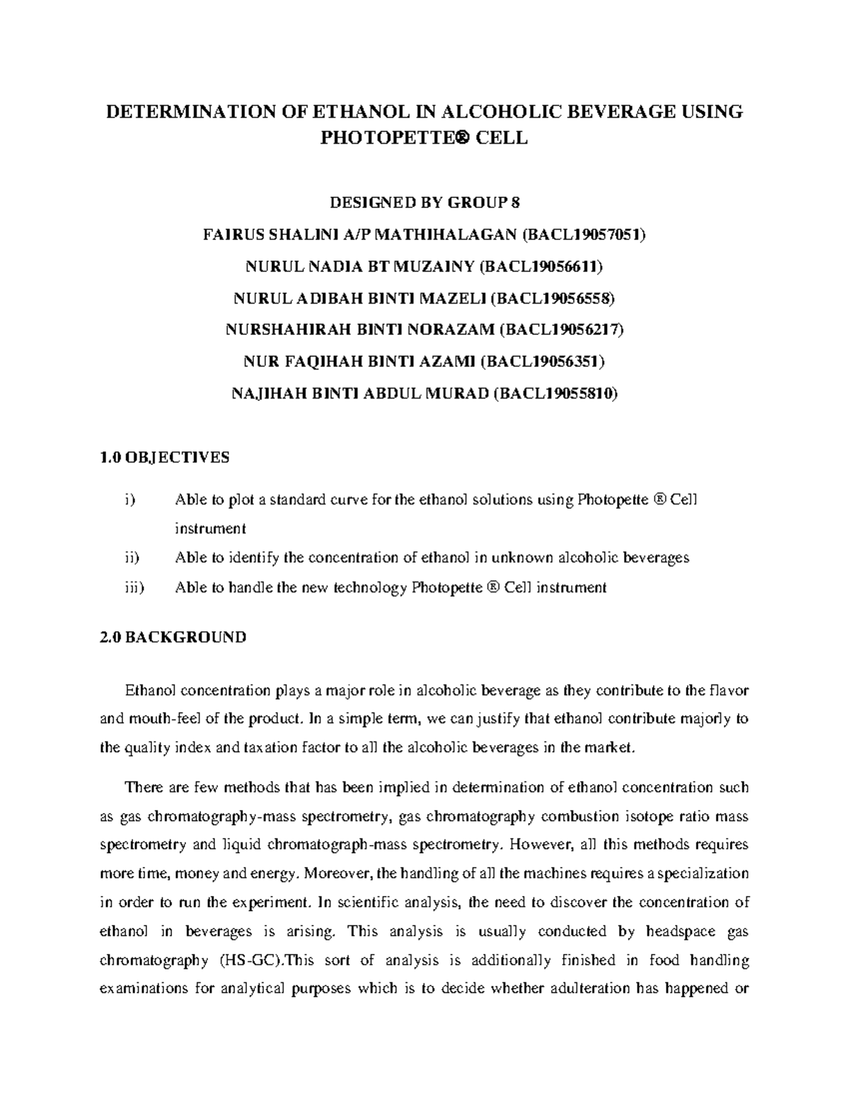 LAB Manual Determination OF Ethanol IN Alcoholic Beverage Group 8 - Studocu