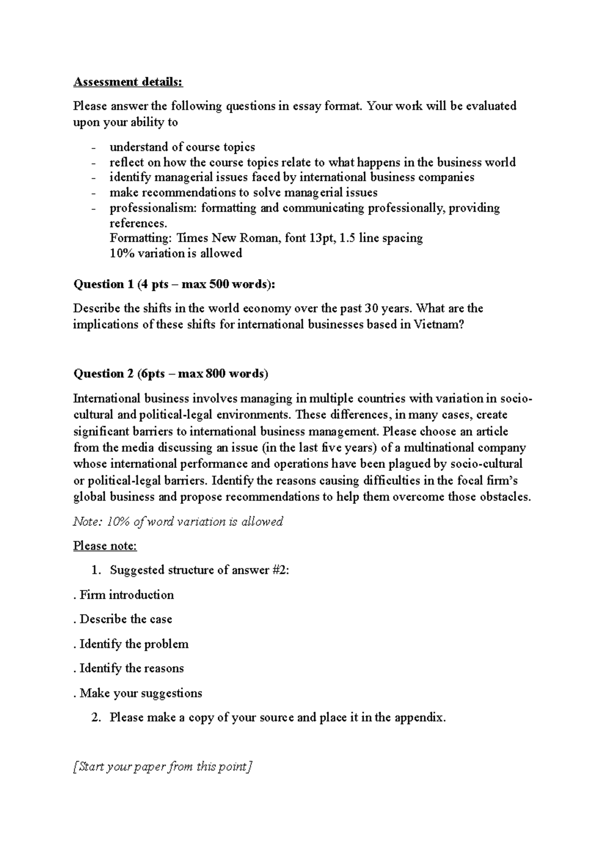 Final exam - Assessment details: Please answer the following questions ...