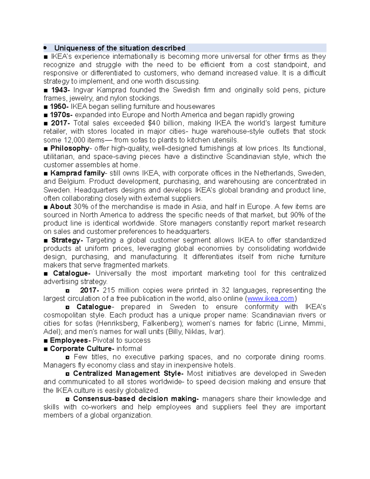 Case of Ikea - It's a case study on Ikea - Uniqueness of the situation ...