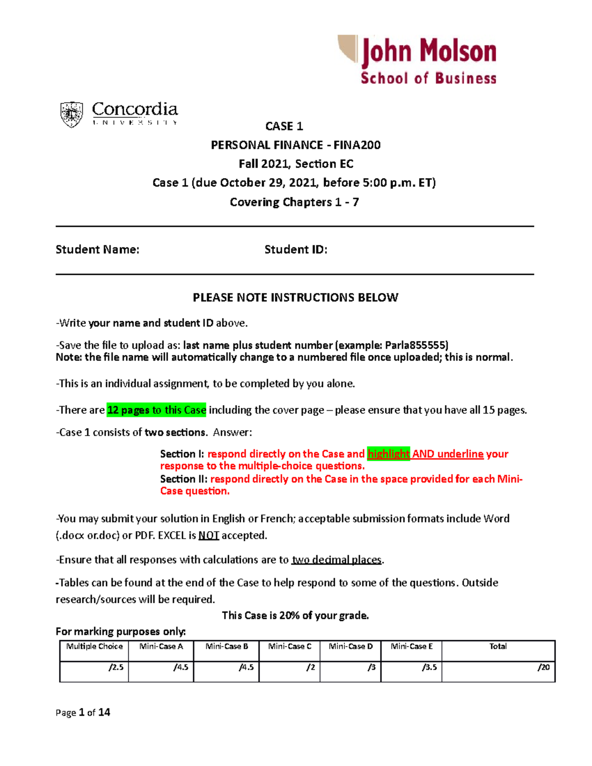 Case 1 Instructions koko - CASE 1 PERSONAL FINANCE - FINA Fall 2021 ...