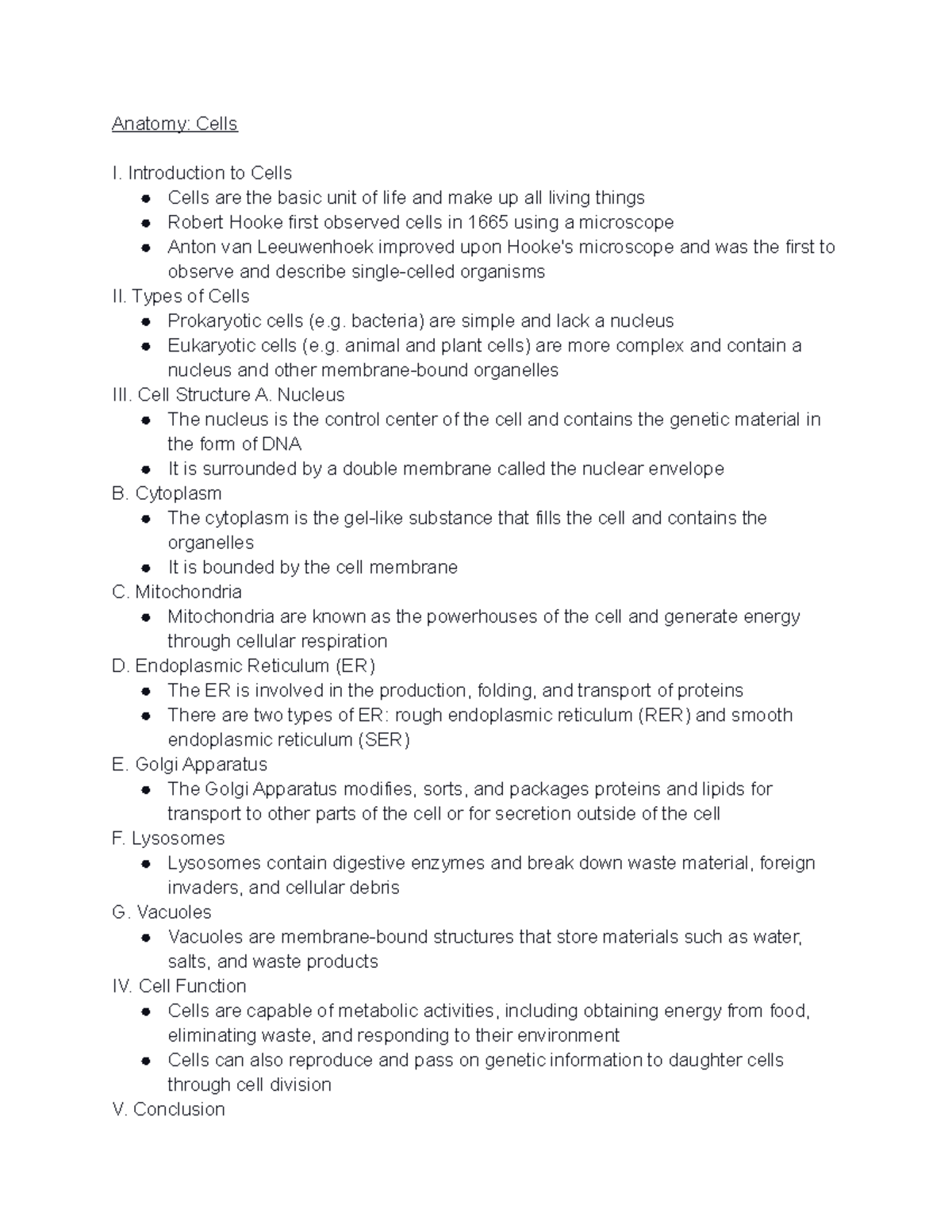 Anatomy Cells - Anatomy: Cells I. Introduction to Cells Cells are the ...