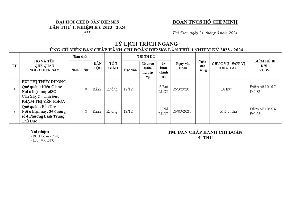 Mau 6 - Trích ngang lí lịch - ĐẠI HỘI CHI ĐOÀN DH23KS LẦN THỨ 1, NHIỆM ...