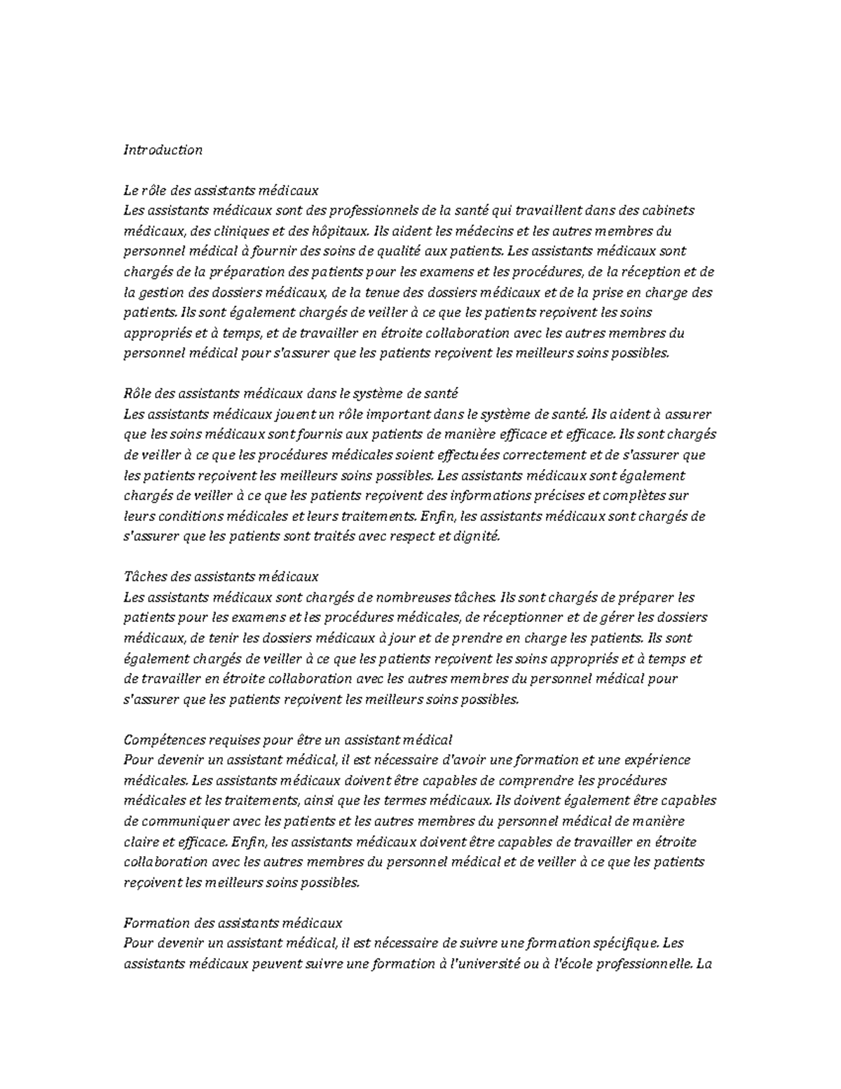 Medical Assisting Study Notes - Introduction Le rôle des assistants ...