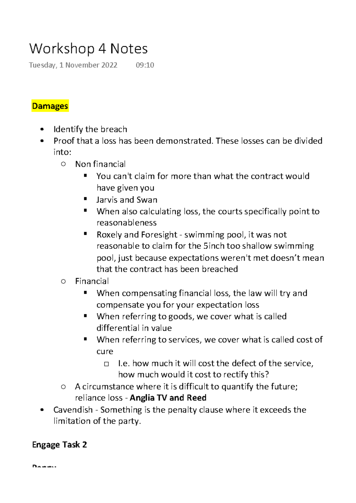 Workshop 4 Notes - PGDL - Damages Identify the breach Proof that a loss ...