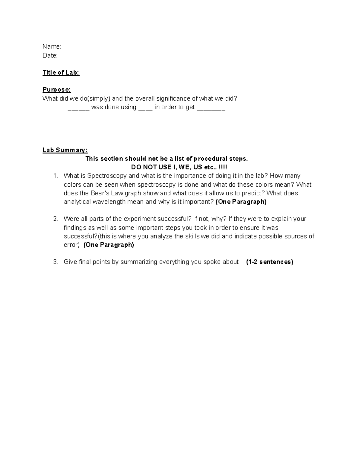 Lab summary sheet - Name: Date: Title of Lab: Purpose: What did we do ...