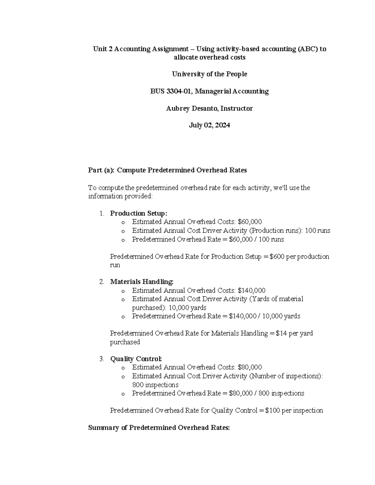 Unit 2 A.A Mangerial Accounting - Unit 2 Accounting Assignment – Using ...