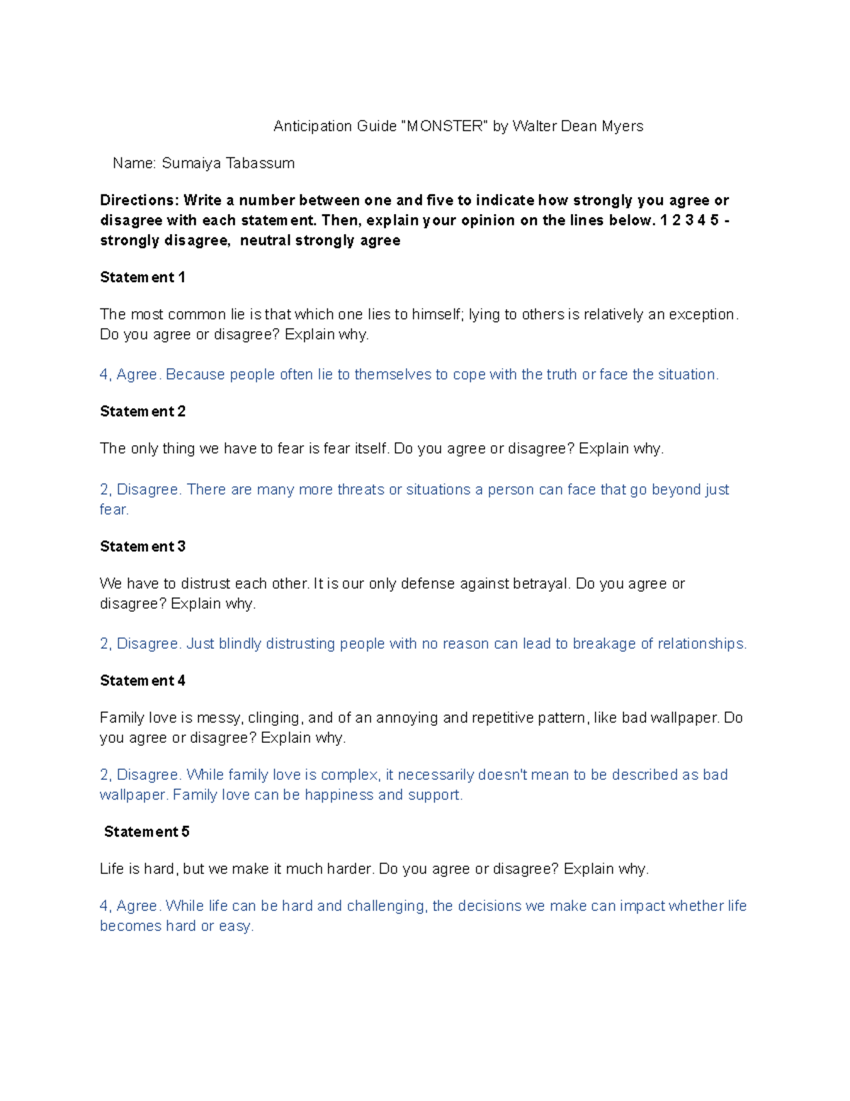 Anticipation Guide “ Monster” by Walter Dean Myers - Anticipation Guide ...