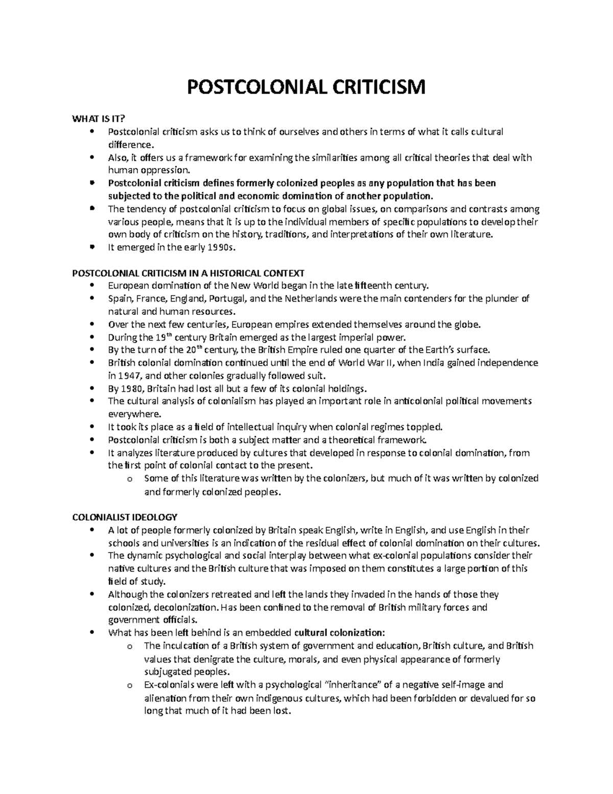 Postcolonial Criticism - Also, it offers us a framework for examining the similarities among all ...