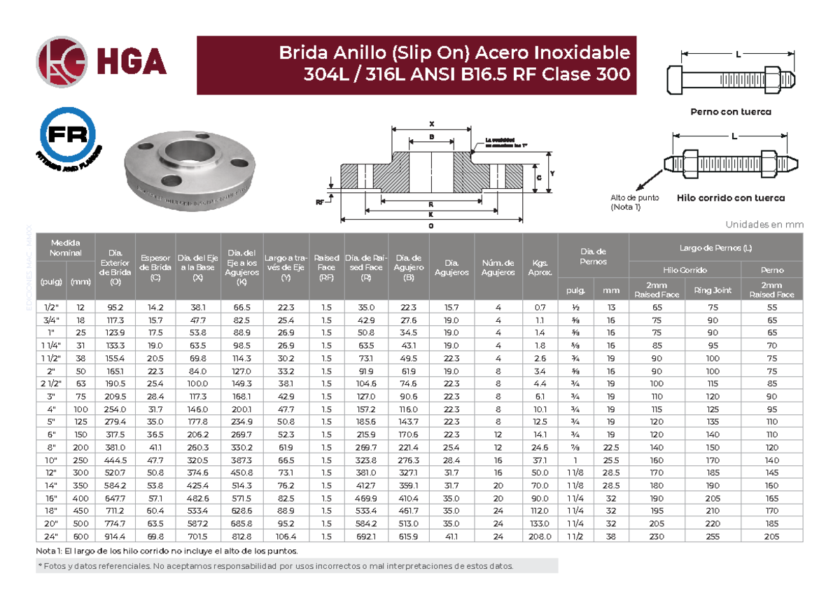 Brida SLIP ON INOX 300LB 304-316 - Medida Nominal Dia. Exterior de ...