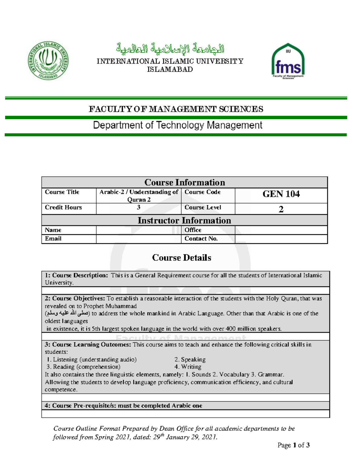 Arabic 2 course outline - Cost accounting - IIUI - Studocu