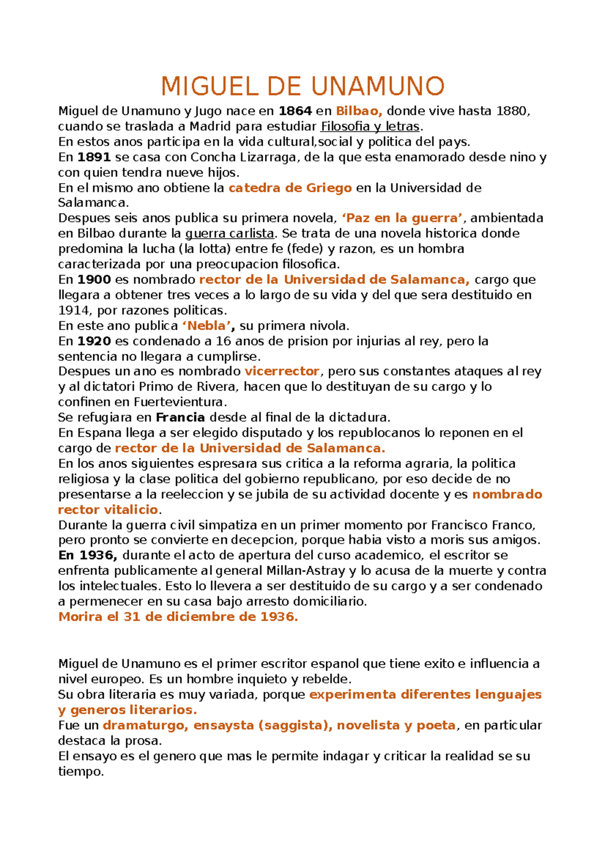 Miguel DE Unamuno - MIGUEL DE UNAMUNO Miguel de Unamuno y Jugo nace en 1864 en Bilbao, donde ...