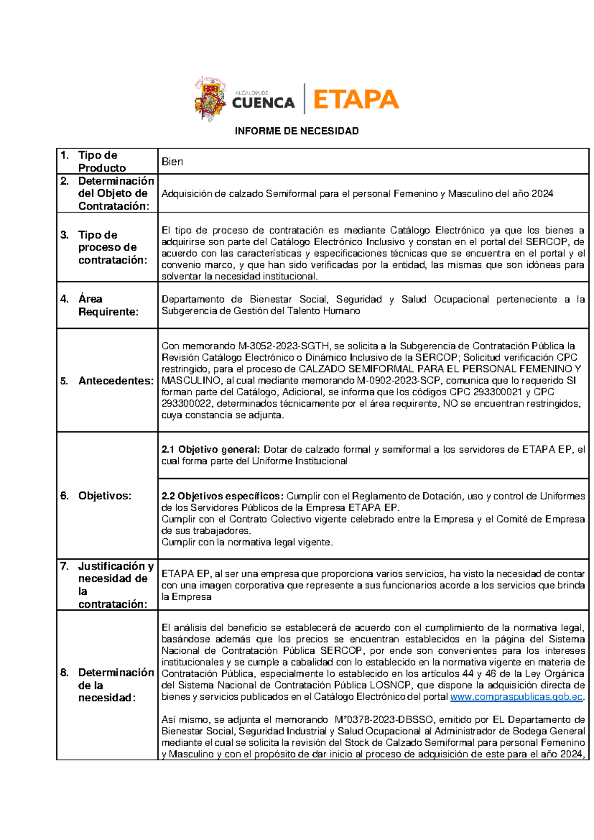 1 Informe DE Necesidad Calzado Formal Y Semidormal 2024-signed - INFORME DE NECESIDAD 1. Tipo de ...