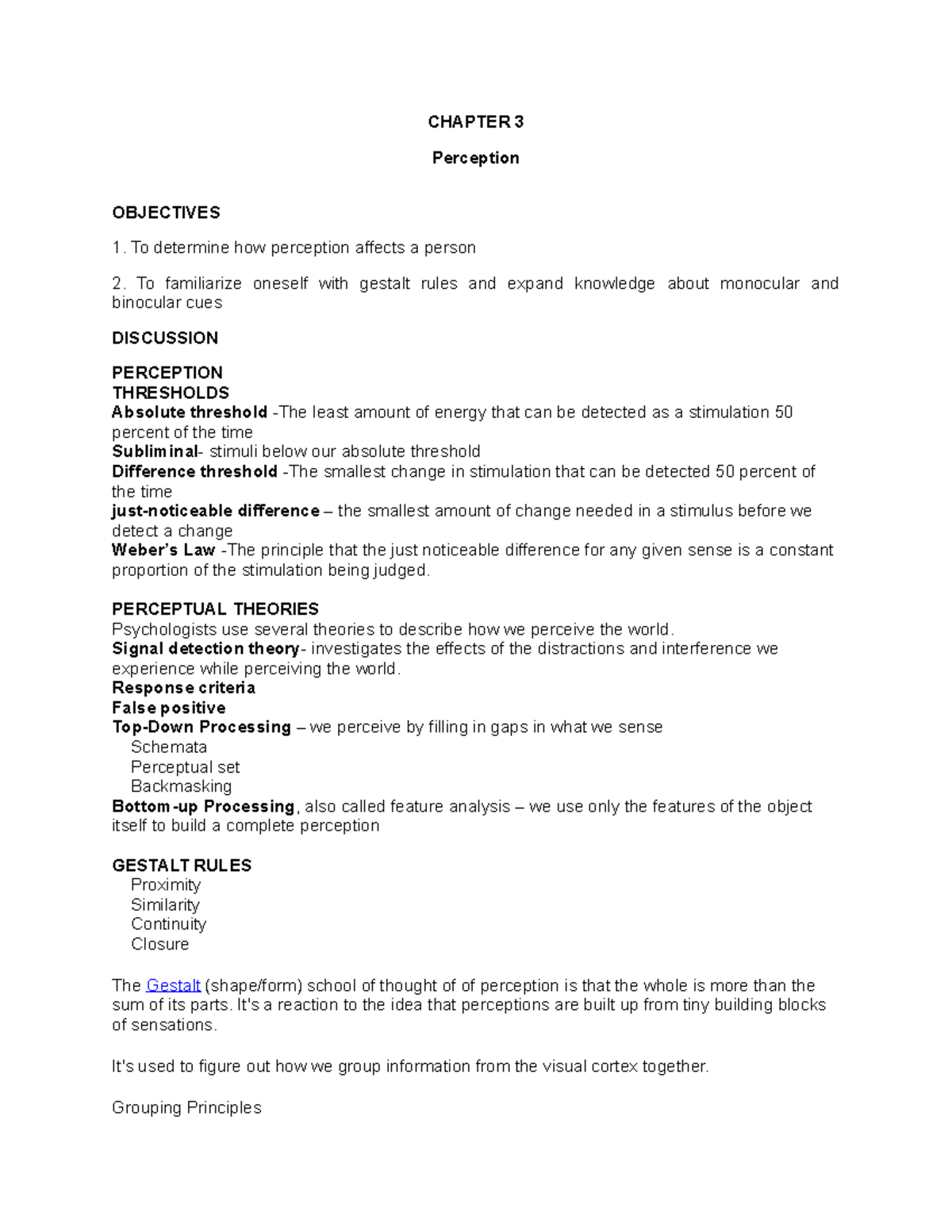 Perception - Summary - CHAPTER 3 Perception OBJECTIVES To determine how ...