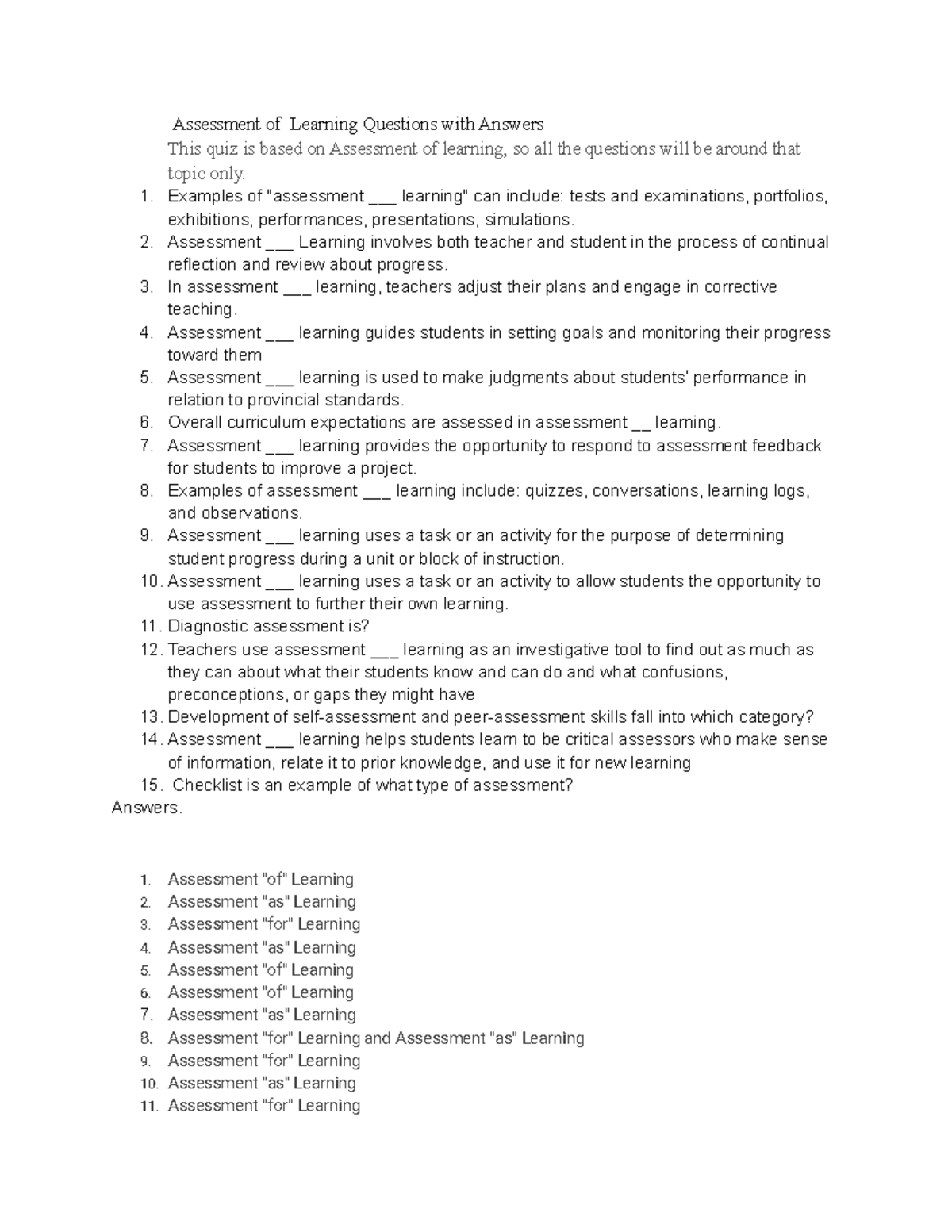 Assessment in Learning Questions with Answers - Examples of "assessment ...