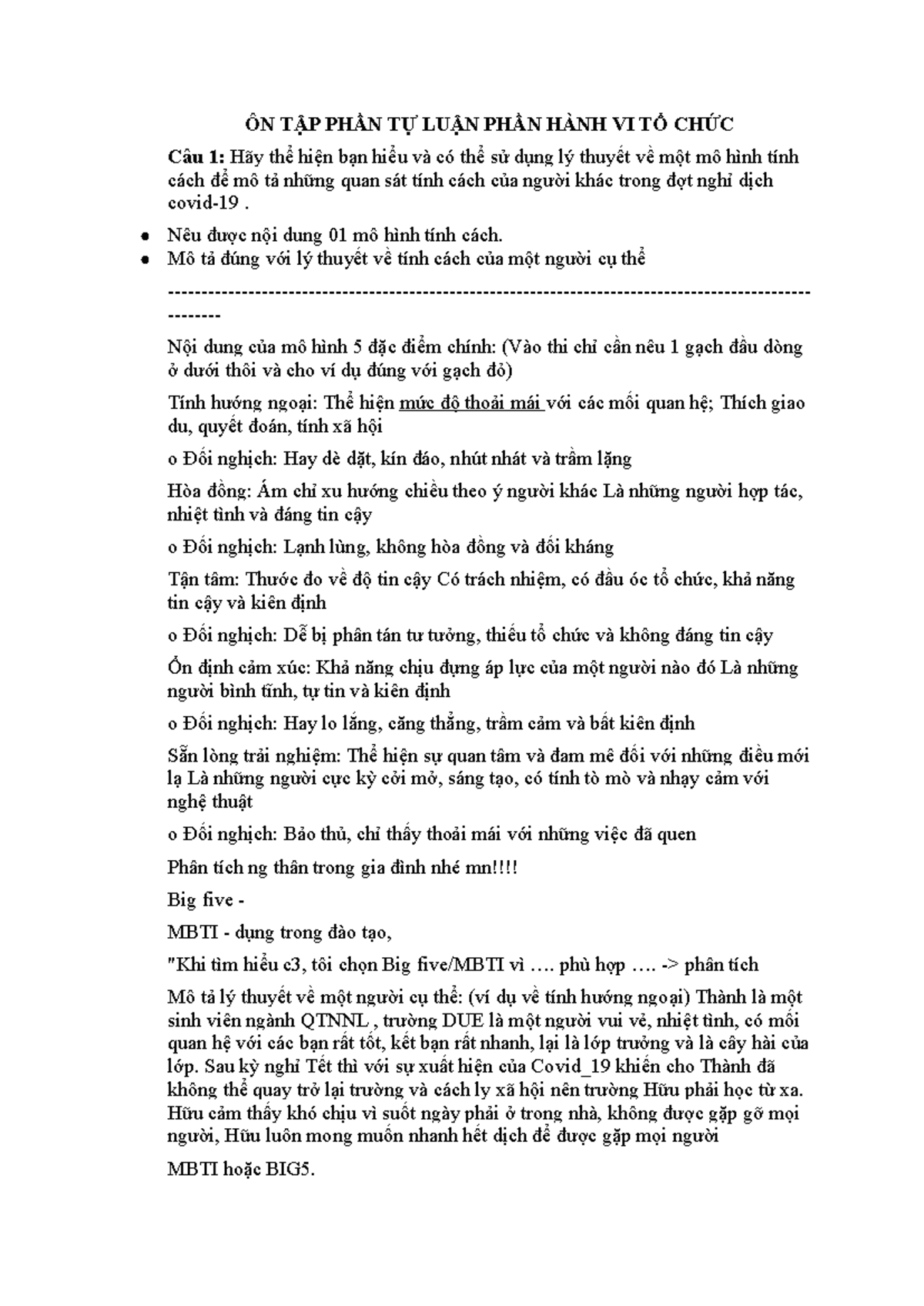 HVTC - dghhj - ÔN TẬP PHẦN TỰ LUẬN PHẦN HÀNH VI TỔ CHỨC Câu 1: Hãy thể ...