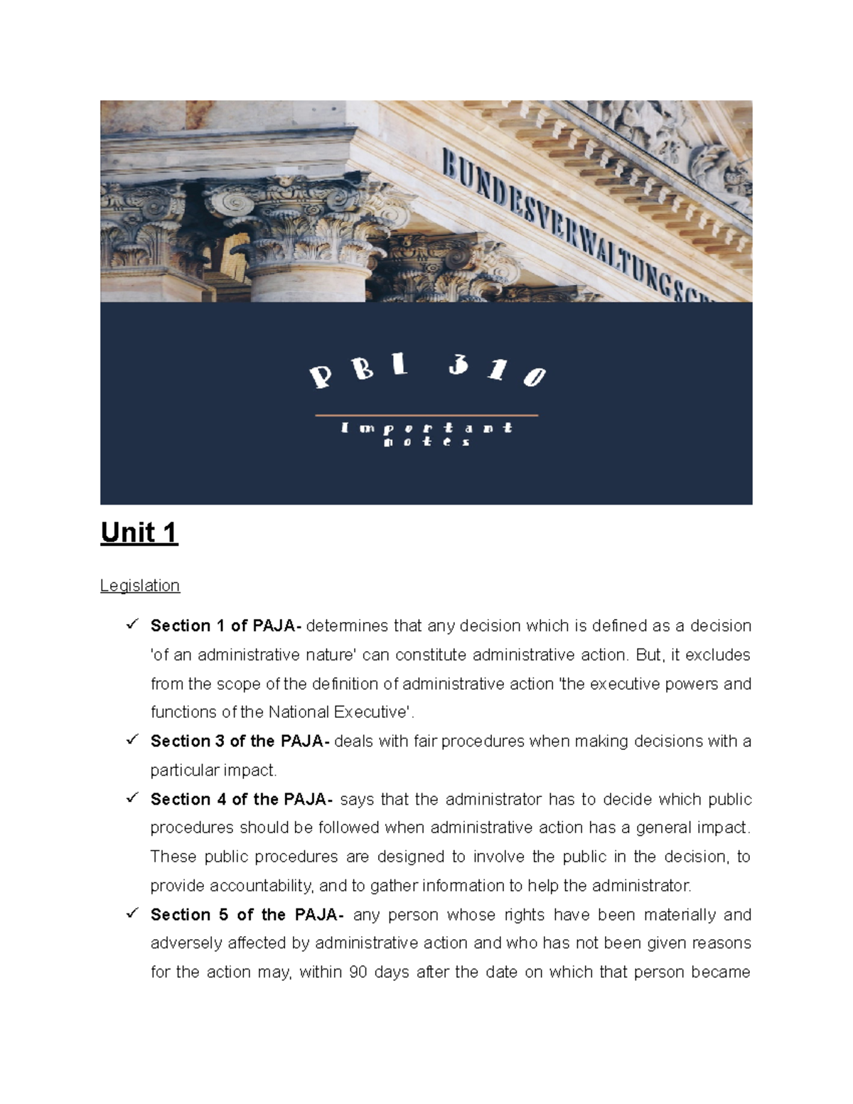 Unit 1 Important sections - Unit 1 Legislation Section 1 of PAJA ...
