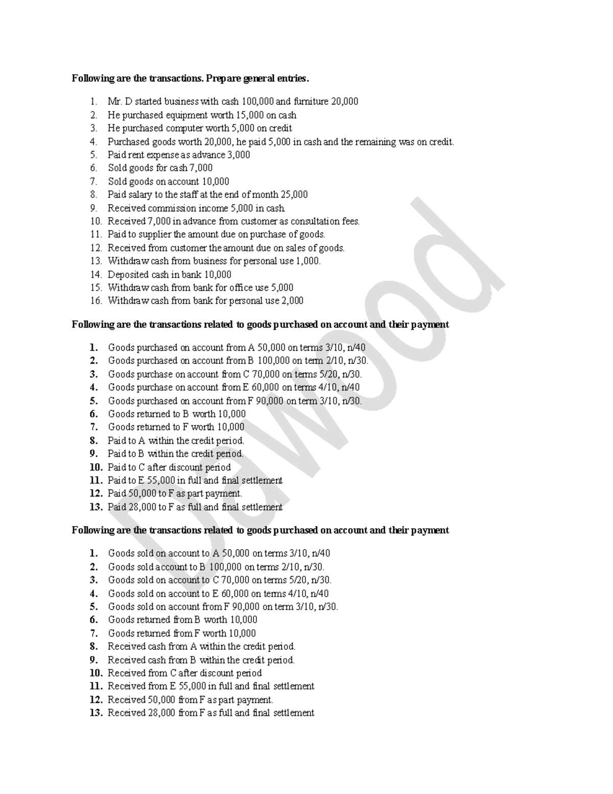 General Entries Test - Following are the transactions. Prepare general ...