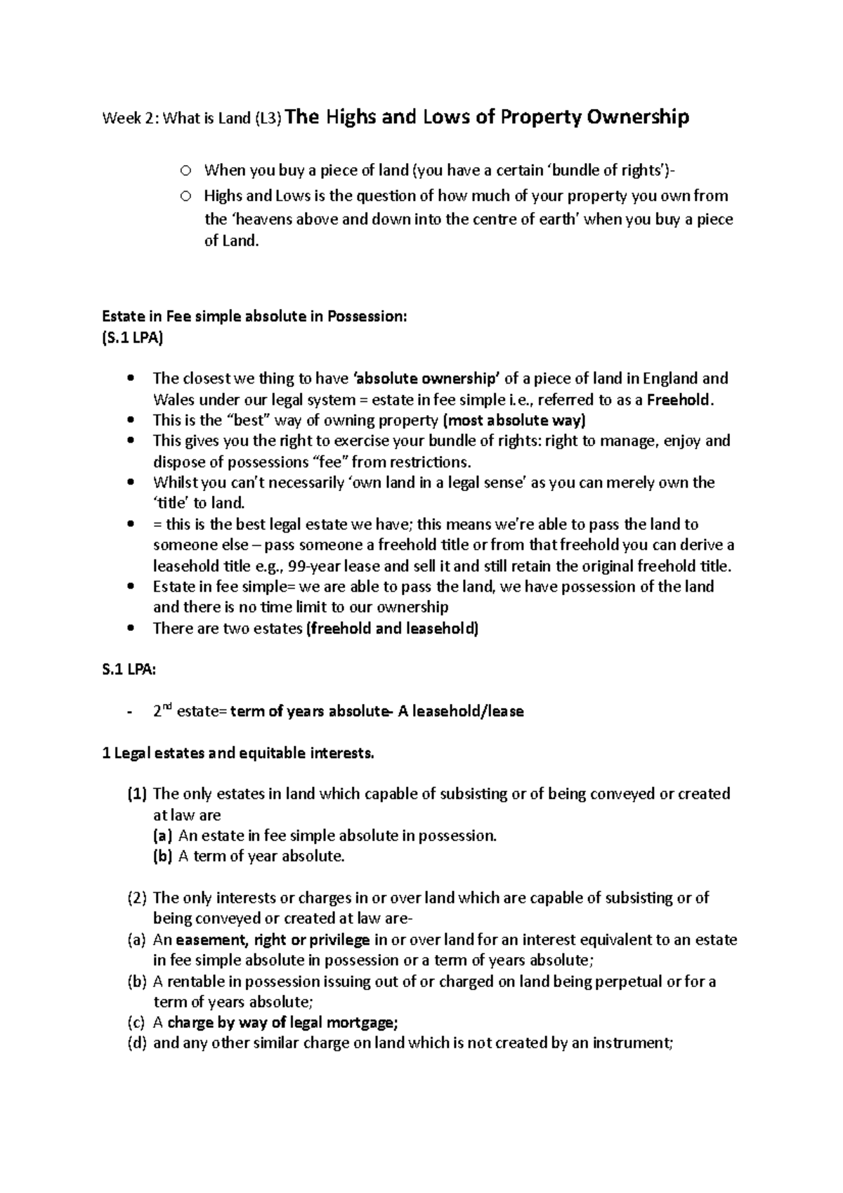 Land Law week 2 Highs and Lows L1&2 - Week 2: What is Land (L3) The ...