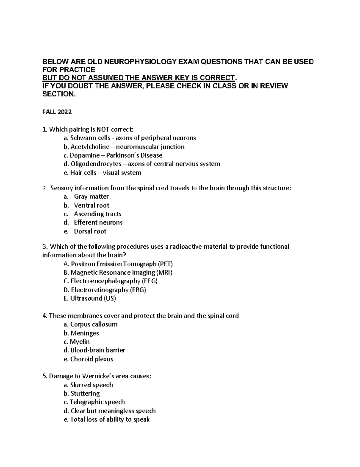 Old Exams without answer key - BELOW ARE OLD NEUROPHYSIOLOGY EXAM ...