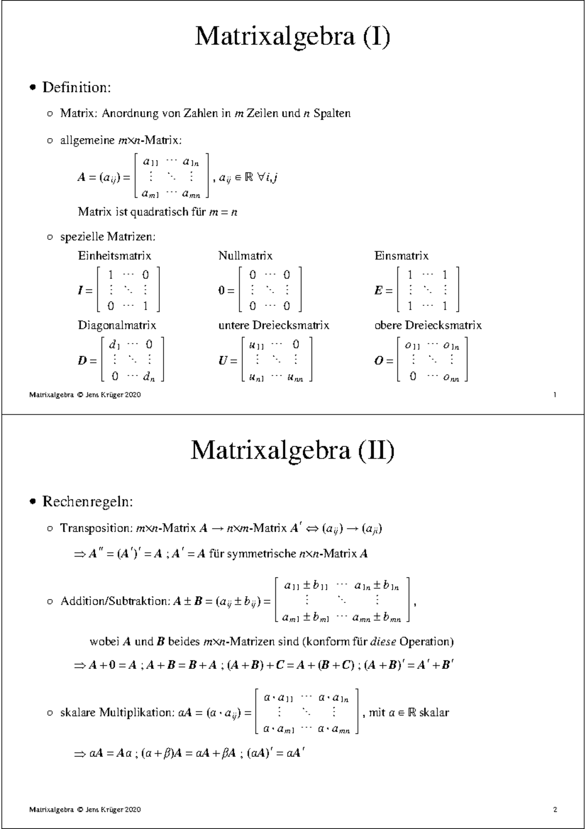 Grundlagen Matrixalgebra - Matrixalgebra (I) Definition: N Matrix ...