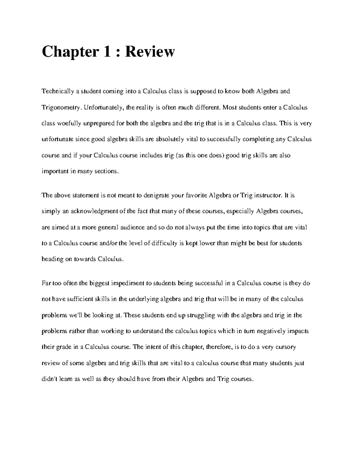 Calculus 1 chapter 1 review - Chapter 1 : Review Technically a student ...
