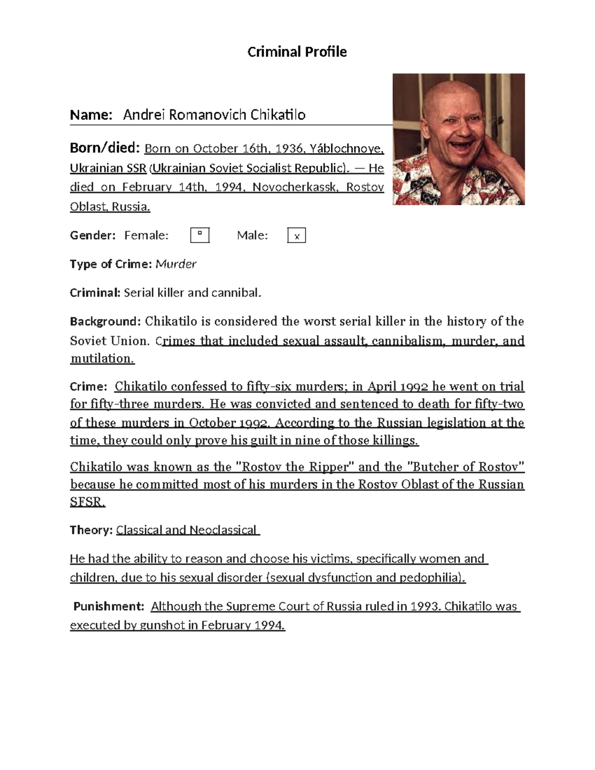 Criminal Profile Homework 1 - Criminal Profile Name: Andrei Romanovich ...