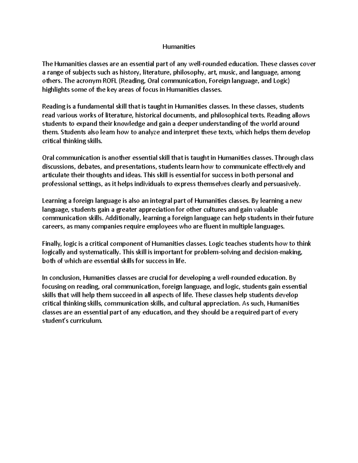 Humanities - N/A - Humanities The Humanities classes are an essential ...