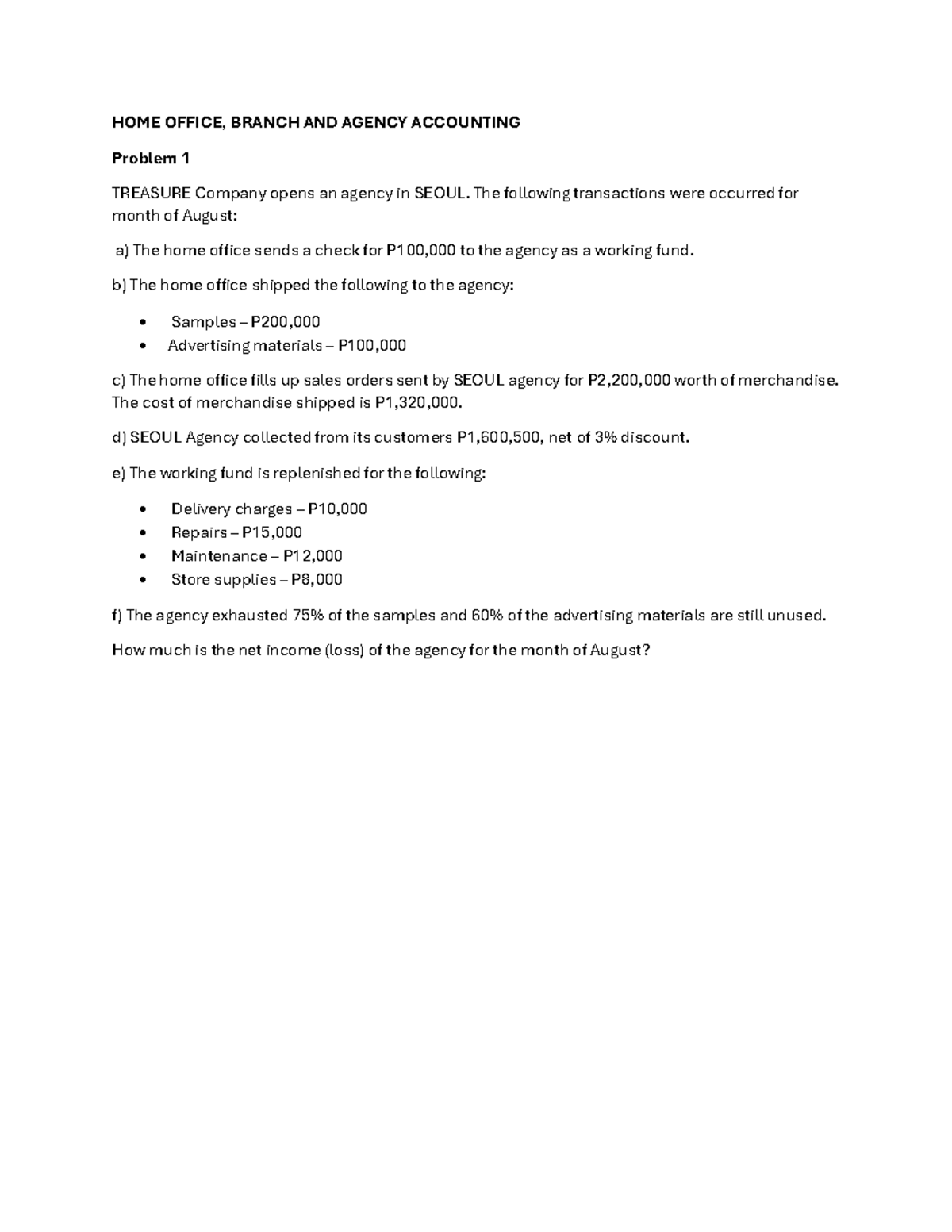 HOBA Sample Problem ( Agency) - HOME OFFICE, BRANCH AND AGENCY ...
