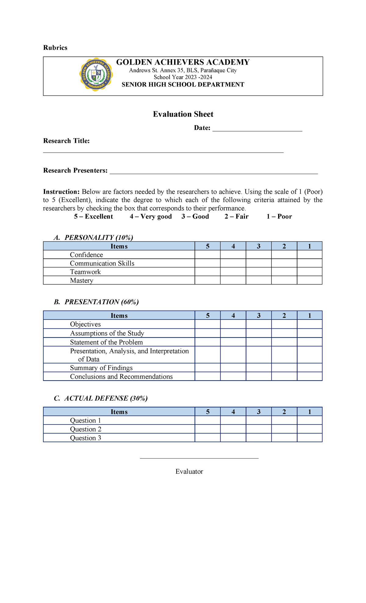 Research Defense Evaluation Rubrics for Senior High School - Rubrics ...