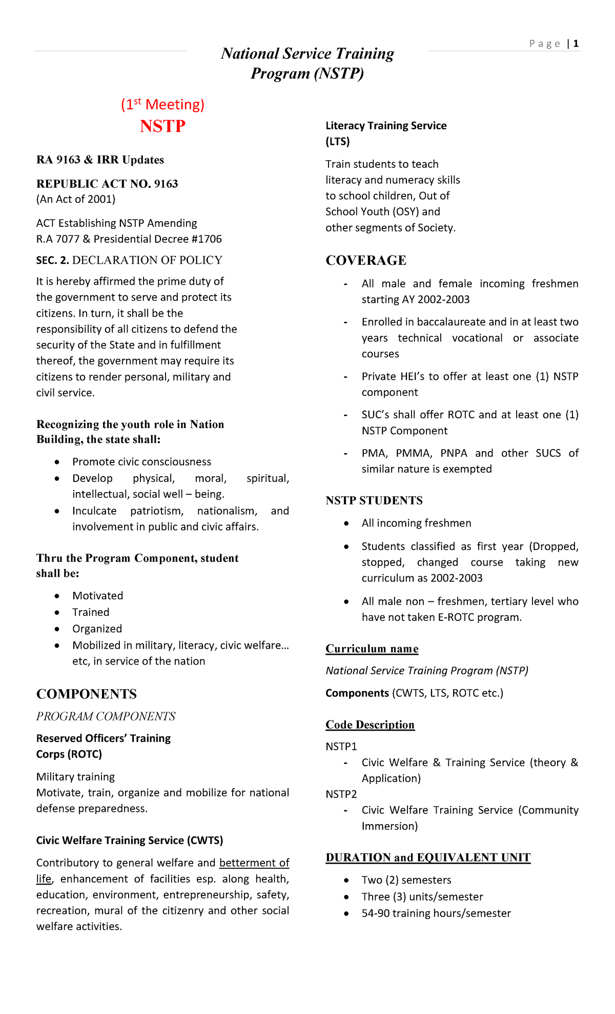 NSTP-ROTC- Summary - (1st Meeting) NSTP RA 9163 & IRR Updates REPUBLIC ...