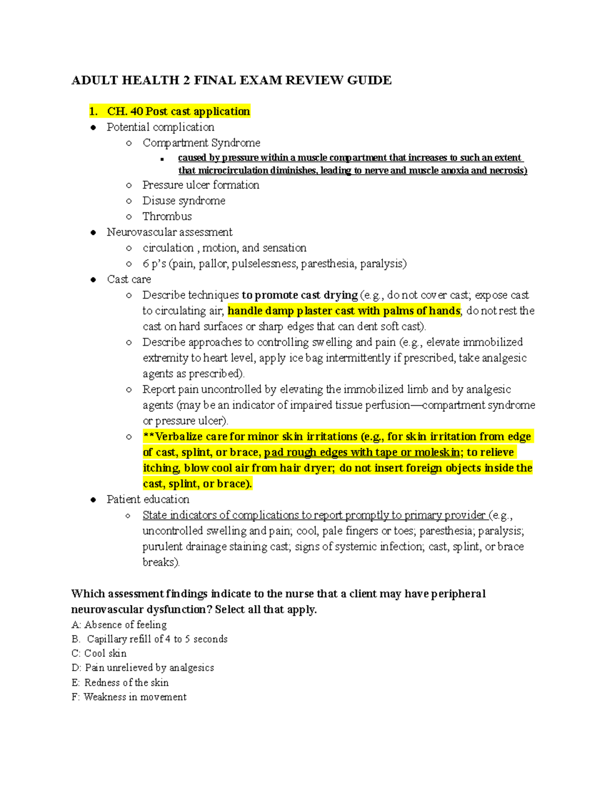 Adult Health 2 Final EXAM Review Guide ADULT HEALTH 2 FINAL EXAM 