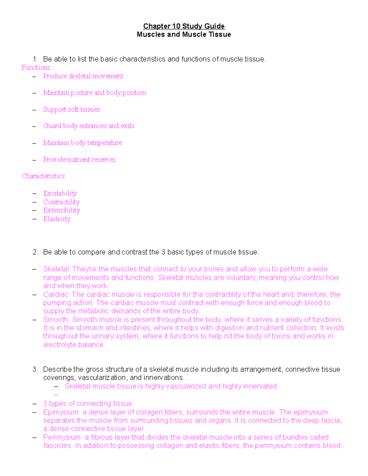 Muscles and muscle tissue Study Guide - Chapter 10 Study Guide Muscles ...