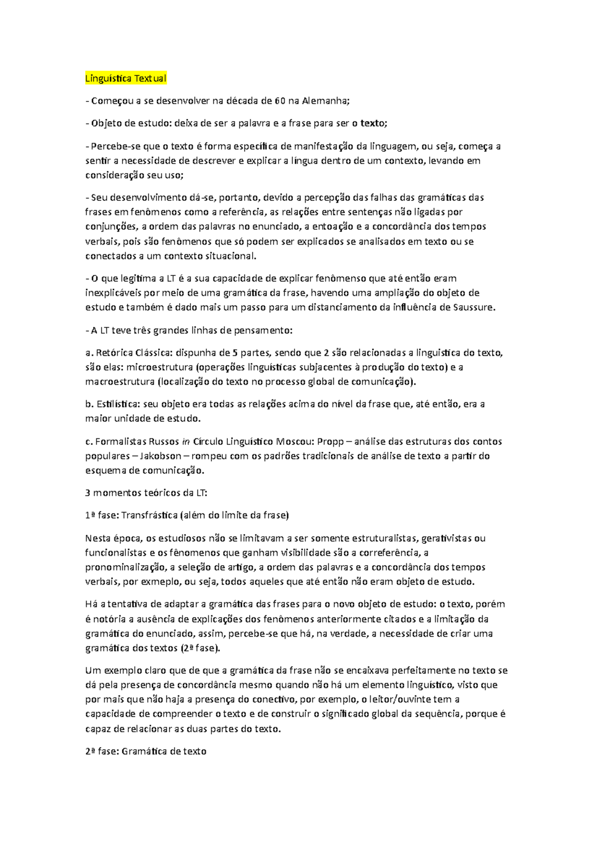 Resumo - Linguística Textual - Linguística Textual Começou a se ...